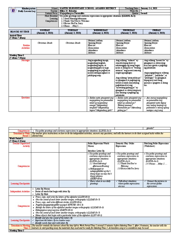 Kindergarten DLL MELC Q2 Week 7 | PDF | Teachers | Learning