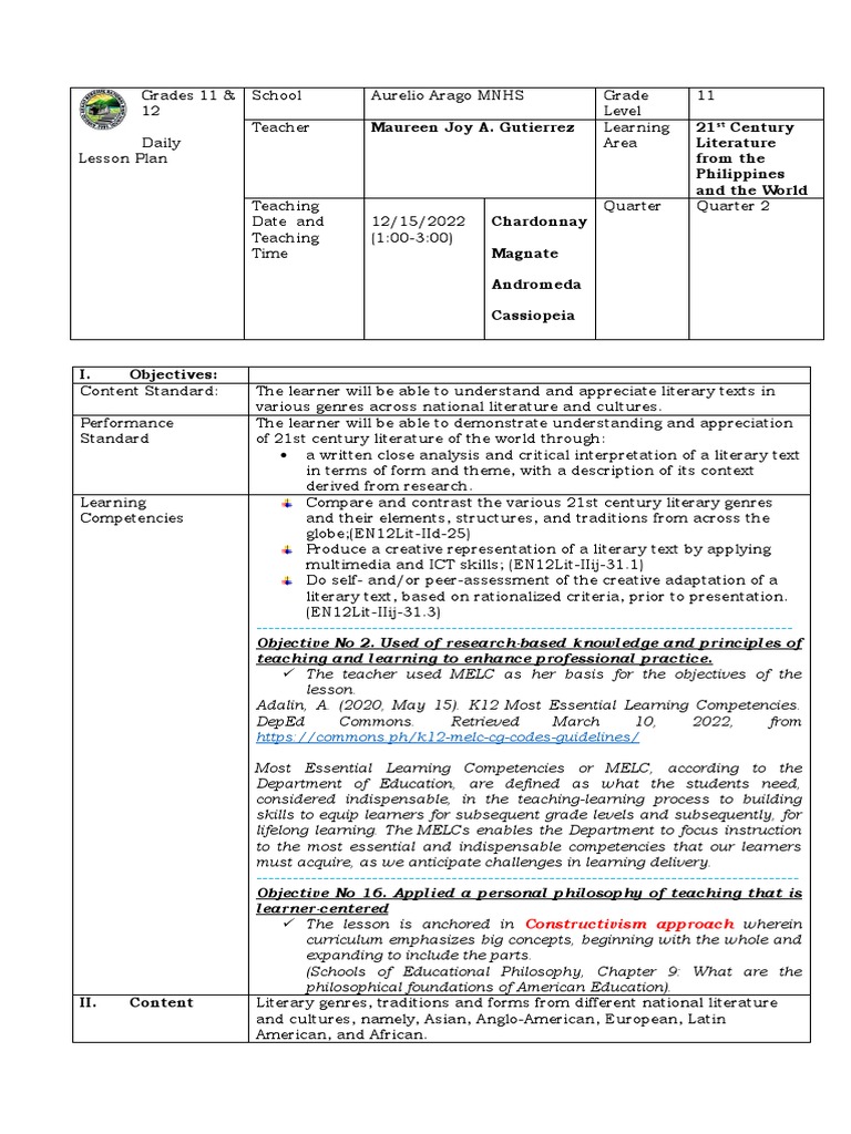 Grade 11 Literature Lesson Plan | PDF | Learning | Teaching Method