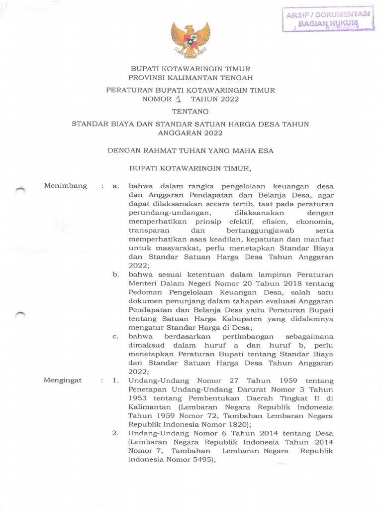 Peraturan Bupati Nomor 1 Tahun 2022 Tentang Standar Biaya Dan Satuan Harga Desa Tahun Anggaran ...