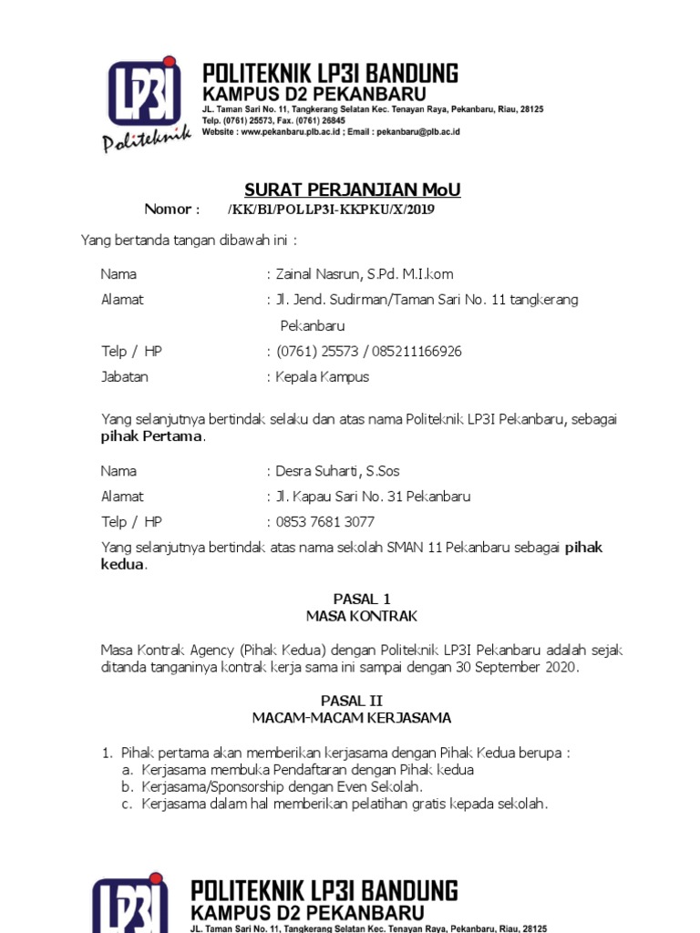 Surat Kerja Sama Mou MGM 2019 | PDF