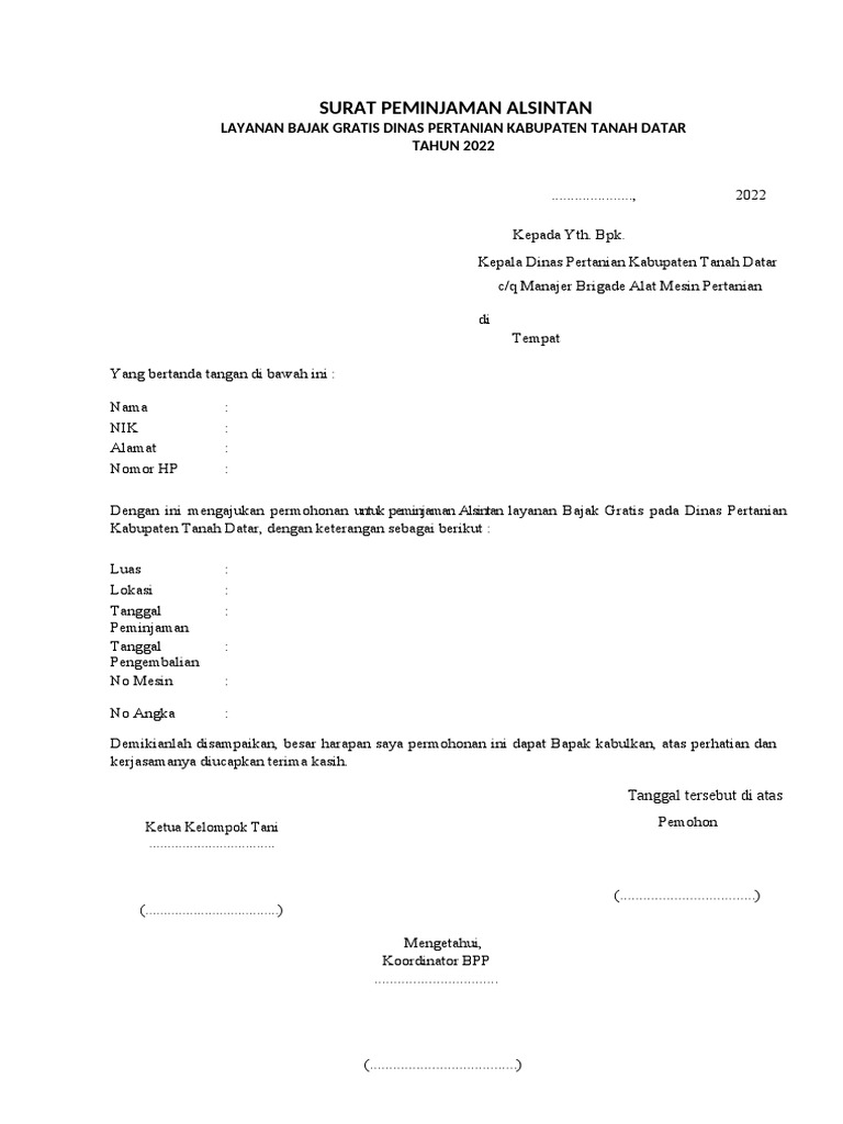 Contoh Surat Peminjaman Alsintan | PDF