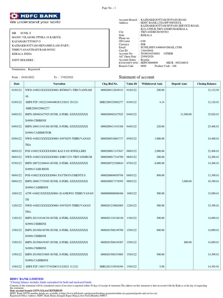 Monthly Bank Statement for Sunil S from January 1st, 2022 to February ...