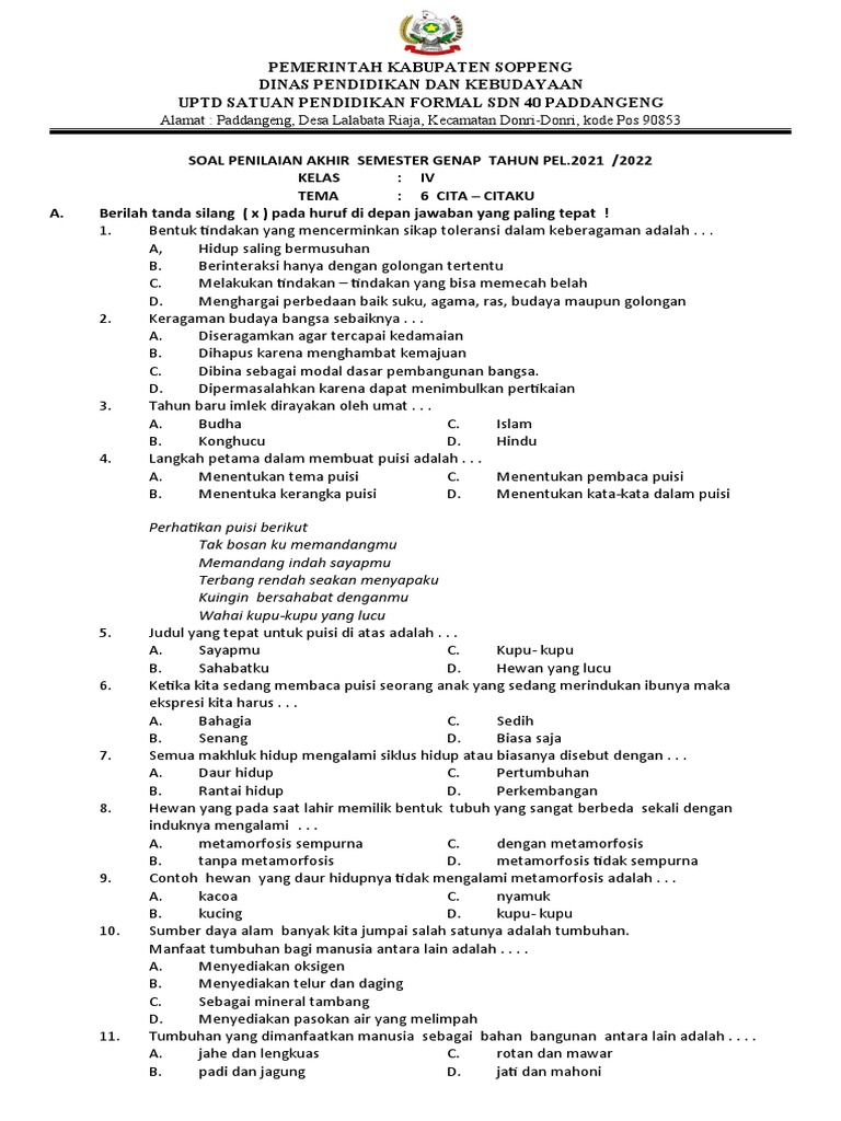 Soal PAS SD Tema 6 | PDF