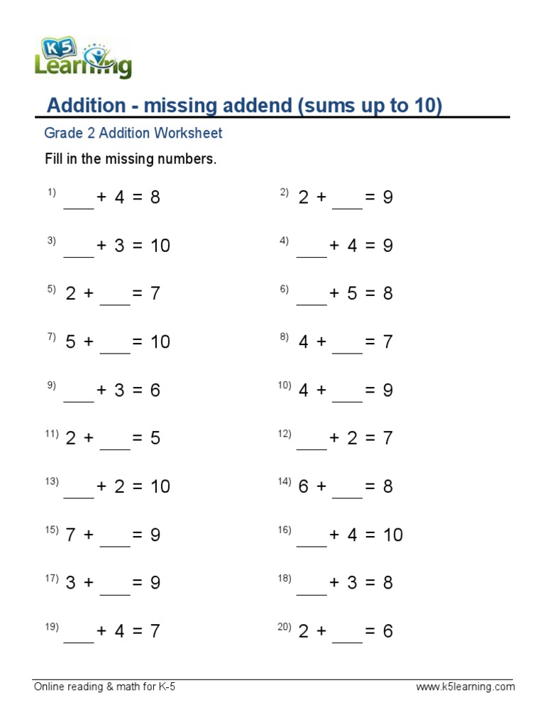 Grade 2 Missing Addend Worksheet | PDF