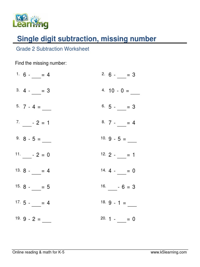 Grade 2 Subtraction Missing Numbers | PDF