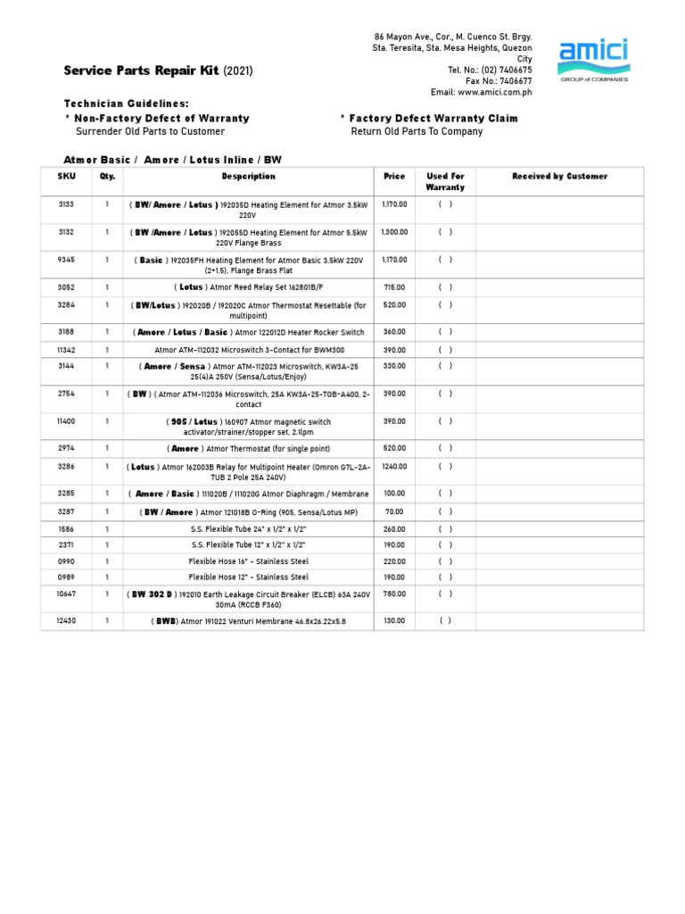 Service Parts Repair Kit (2021) | PDF | Electrical Components ...