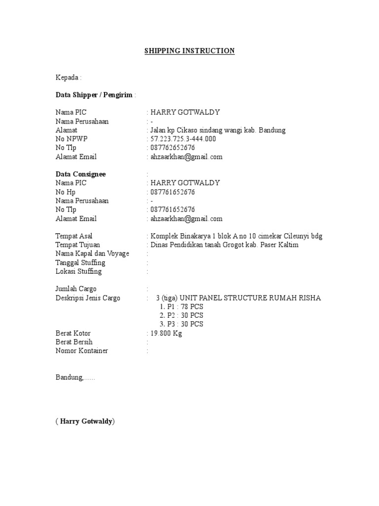 Contoh Shipping Instruction untuk Ekspor | PDF