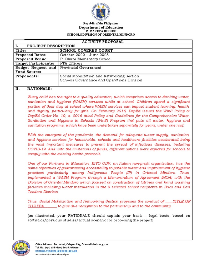 Project Proposal Template PTA | PDF | Wash | Sanitation