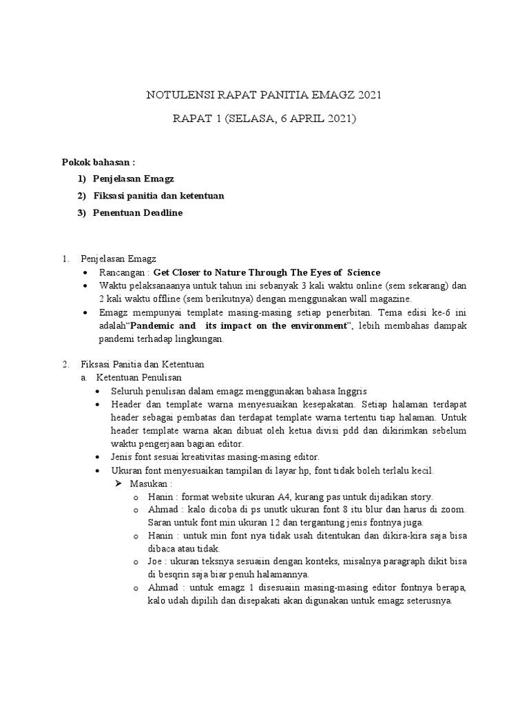 Notulensi Rapat Panitia Emagz 2021 (6-04-2021) | PDF