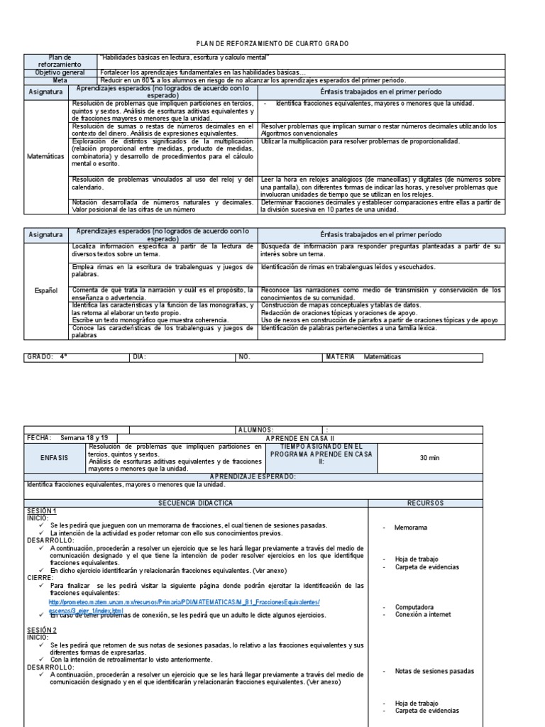 Plan De Reforzamiento Pdf Evaluación Decimal