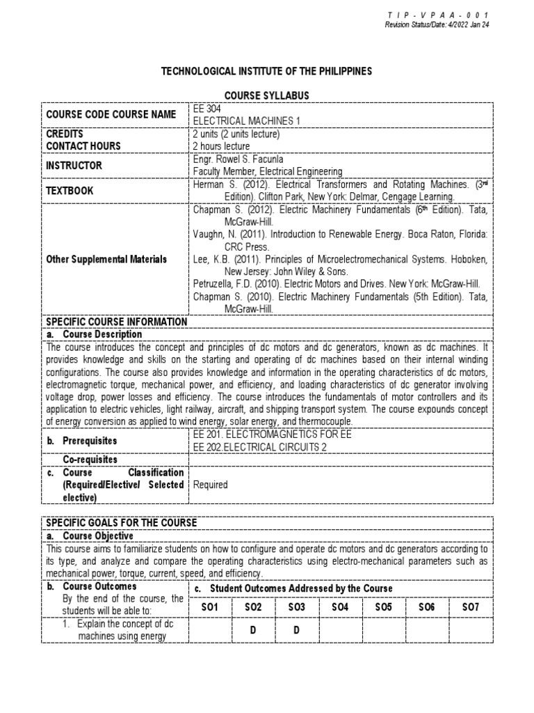 Ee 304 Syllabus Pdf Electric Motor Electric Generator