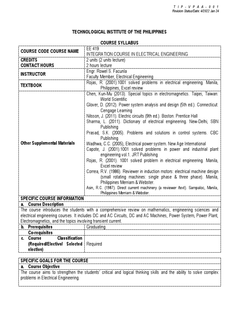 Ee 419 - Syllabus | PDF | Engineering | Electrical Network
