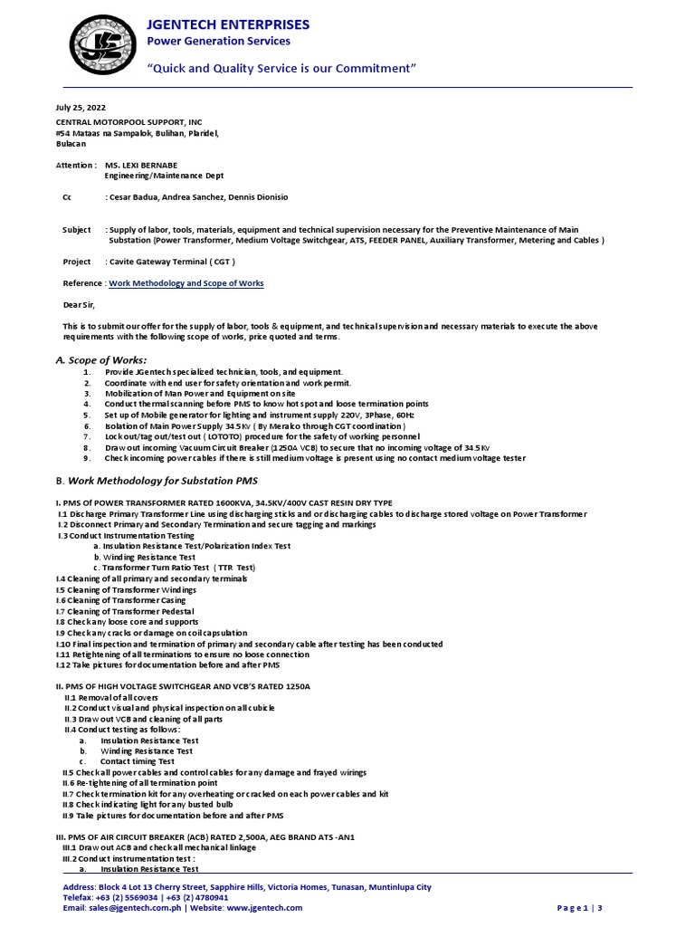 JGentech Power Maintenance Proposal | PDF | Transformer | Electrical Substation