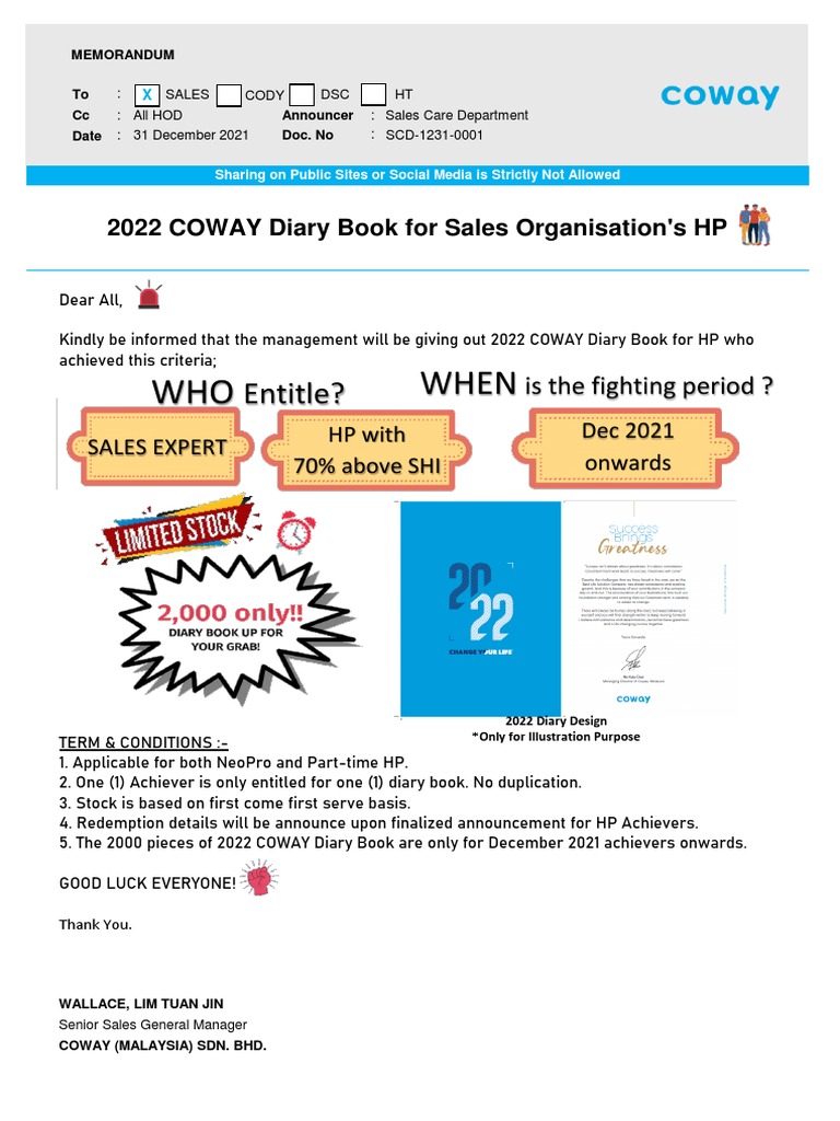 (Memo) 2022 COWAY Diary Book For Sales Expert | PDF
