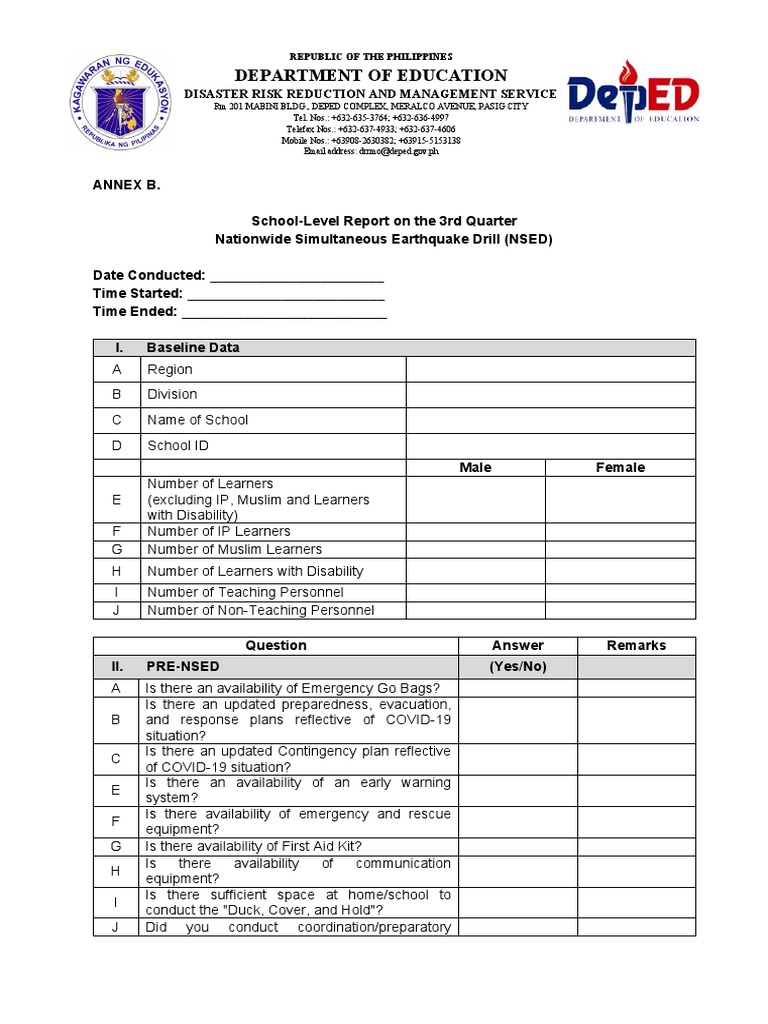 Annex B. School Level Report On The 3rd Quarter NSED | PDF | Emergency ...