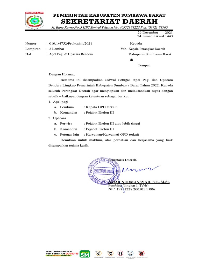 Surat Pengantar Jadwal Upacara Dan Apel Pagi Tahun 2022 | PDF