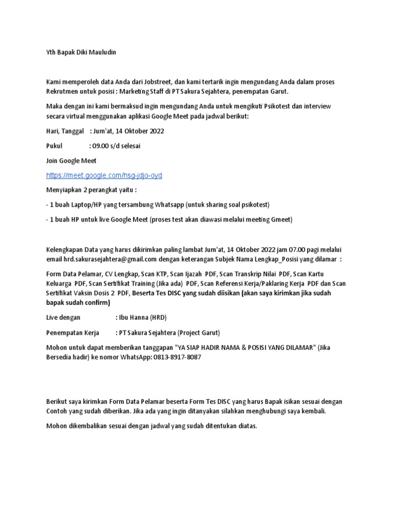 Undangan Psikotest dan Interview Virtual | PDF