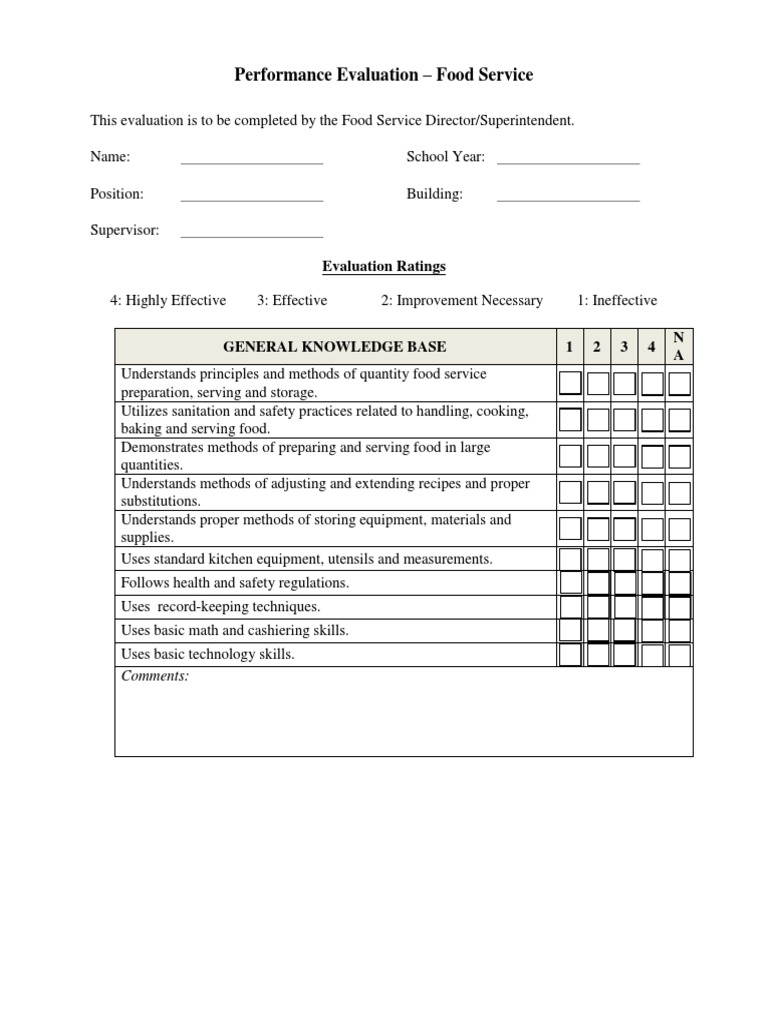 Food Service Performance Evaluation Form | PDF | Kitchen | Foods