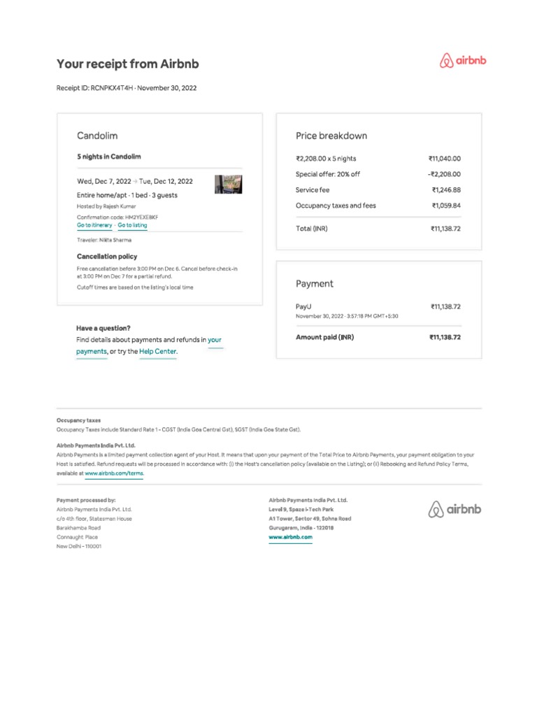 Hotel Bill. Airbnb | PDF