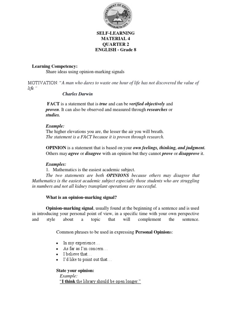 Opinion Writing Skills for Grade 8 | PDF | Opinion | Cognition