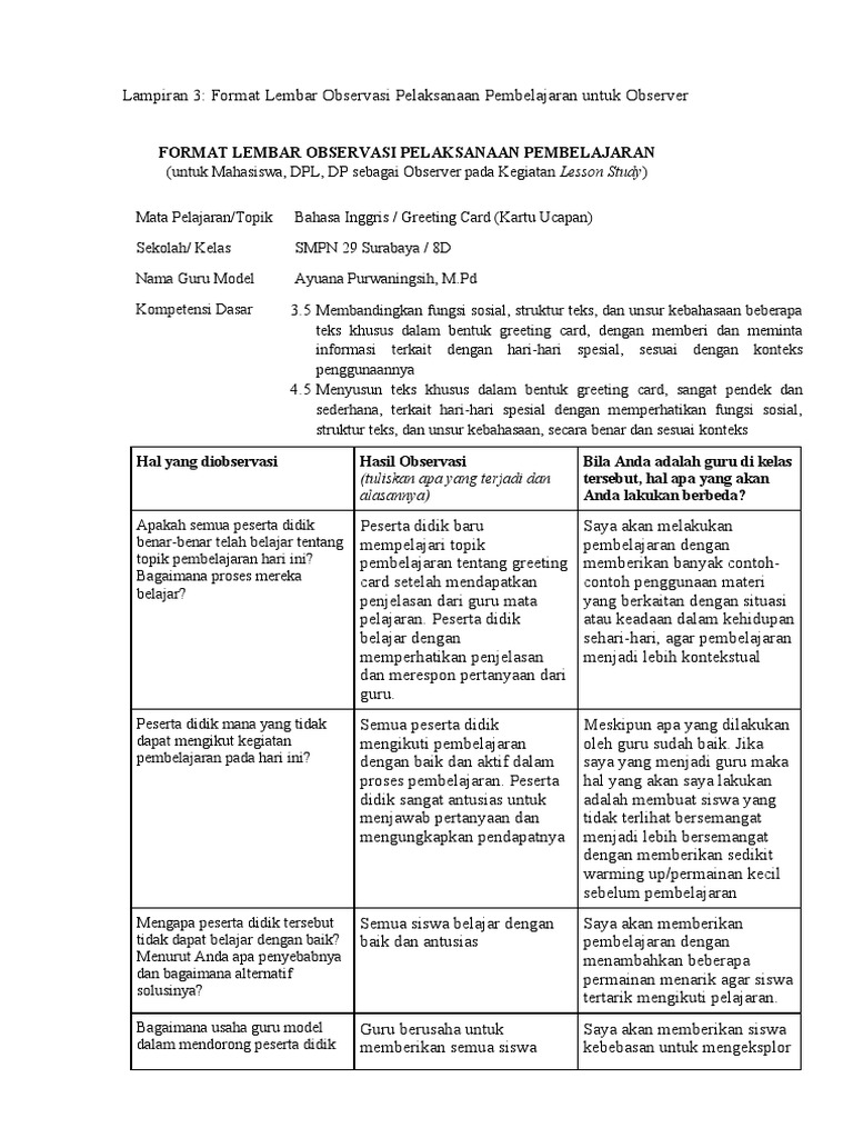 Fix Lampiran 3 - Format Lembar Observasi Pelaksanaan Pembelajaran Untuk ...