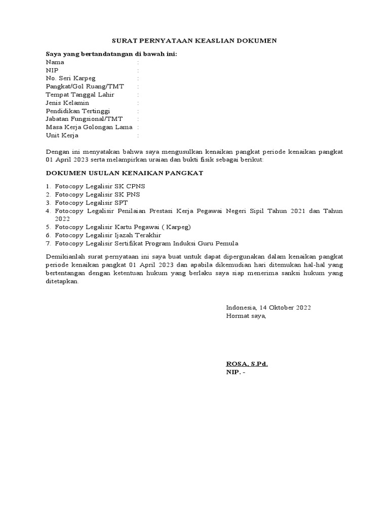 Surat Pernyataan Keaslian Dokumen | PDF