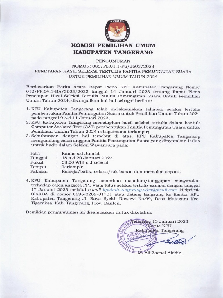 Pengumuman Penetapan Hasil Seleksi Tertulis PPS Untuk Pemilihan Umum Tahun 2024 | PDF