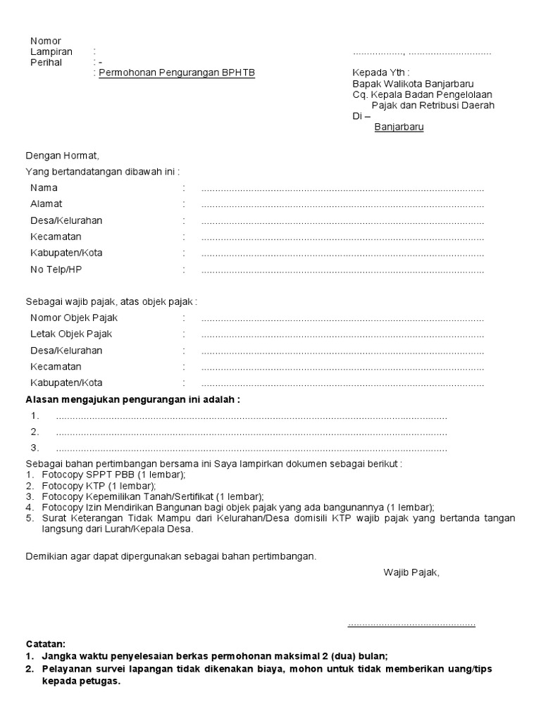 Surat Permohonan Pengurangan BPHTB | PDF