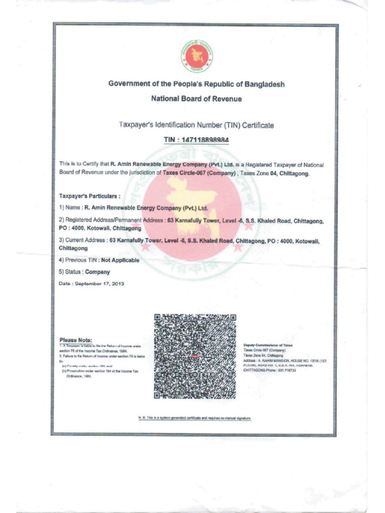 TIN Certificate | PDF