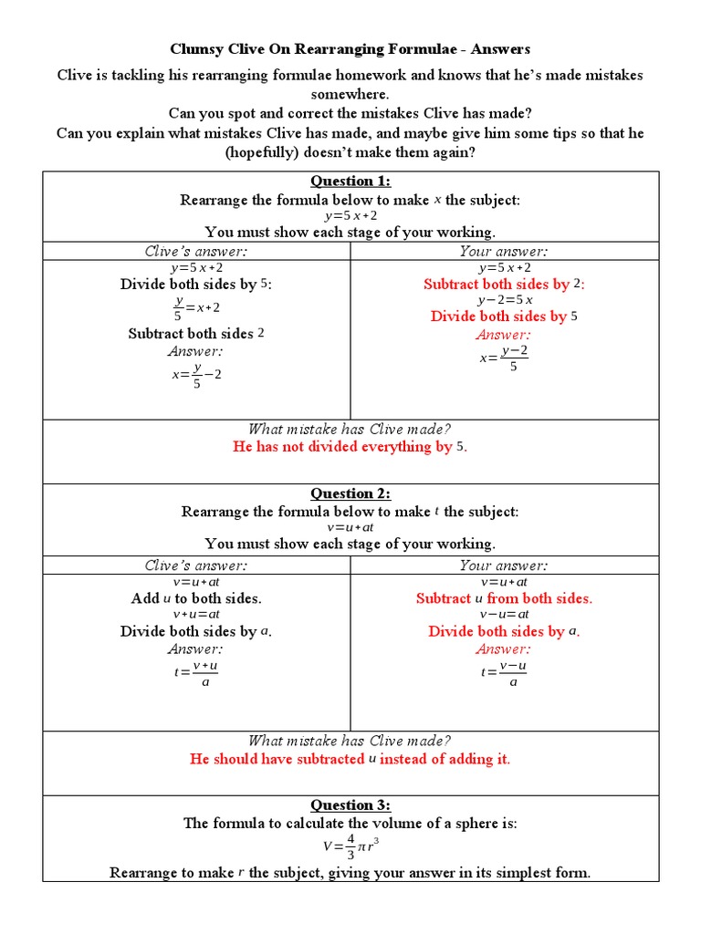 Clumsy Clive On Rearranging Formulae Answers | PDF