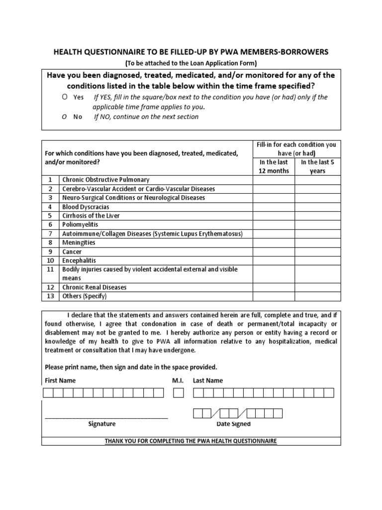 PWA Health Questionnaire Form | PDF