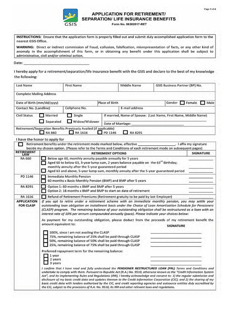 GSIS Form Retirement Separation Life - Insurance 06302017 | PDF