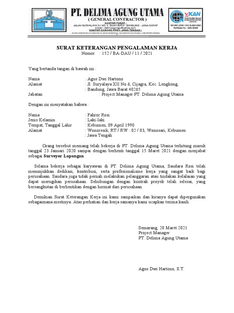 Contoh Surat Pengalaman Kerja | PDF