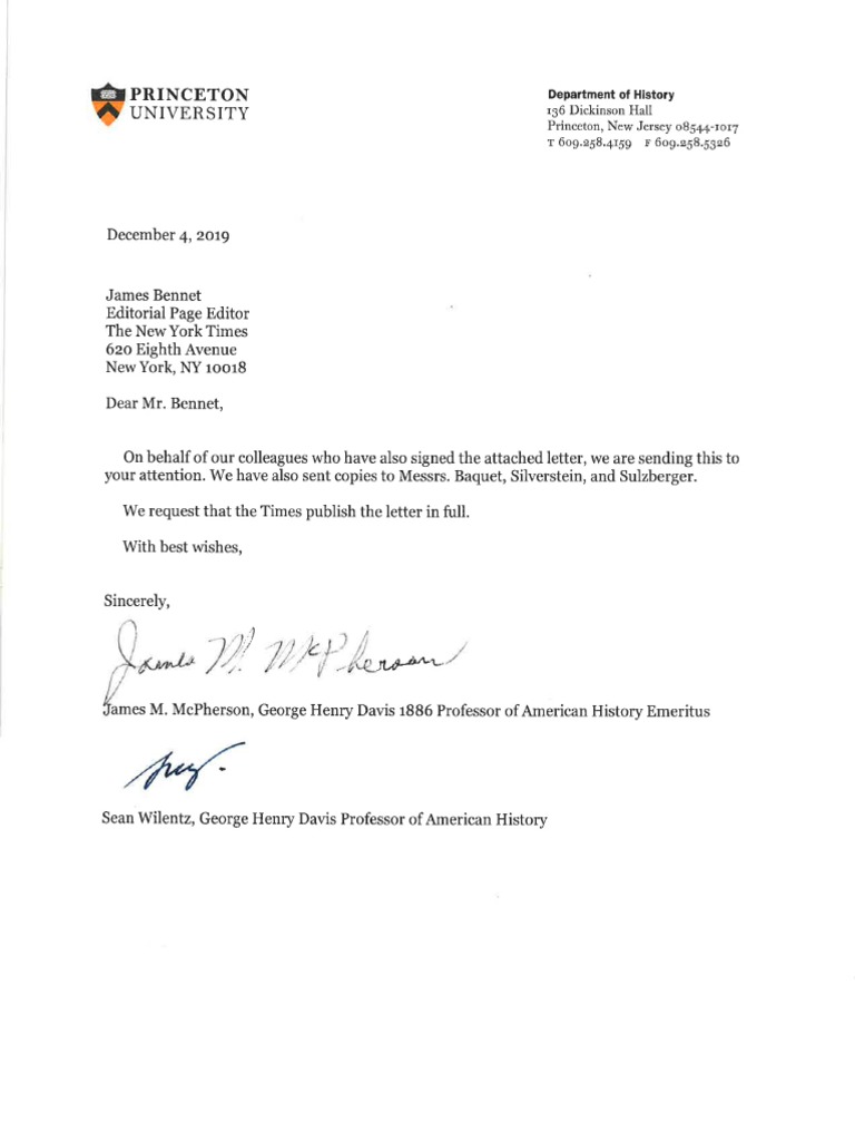 NYT 1619 Letter Bennet | PDF