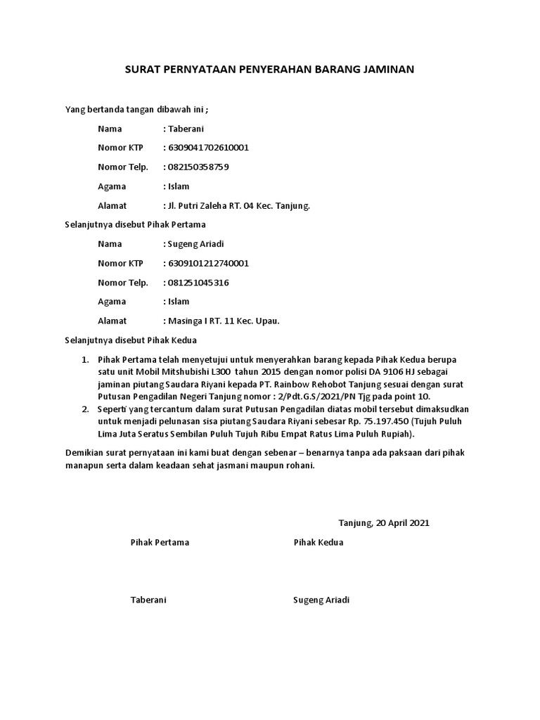 Surat Pernyataan Penyerahan Barang Jaminan | PDF