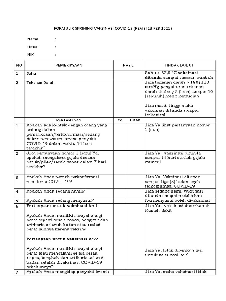 FORMULIR SKRINING BARU VAKSINASI COVID (Revisi 13feb) | PDF