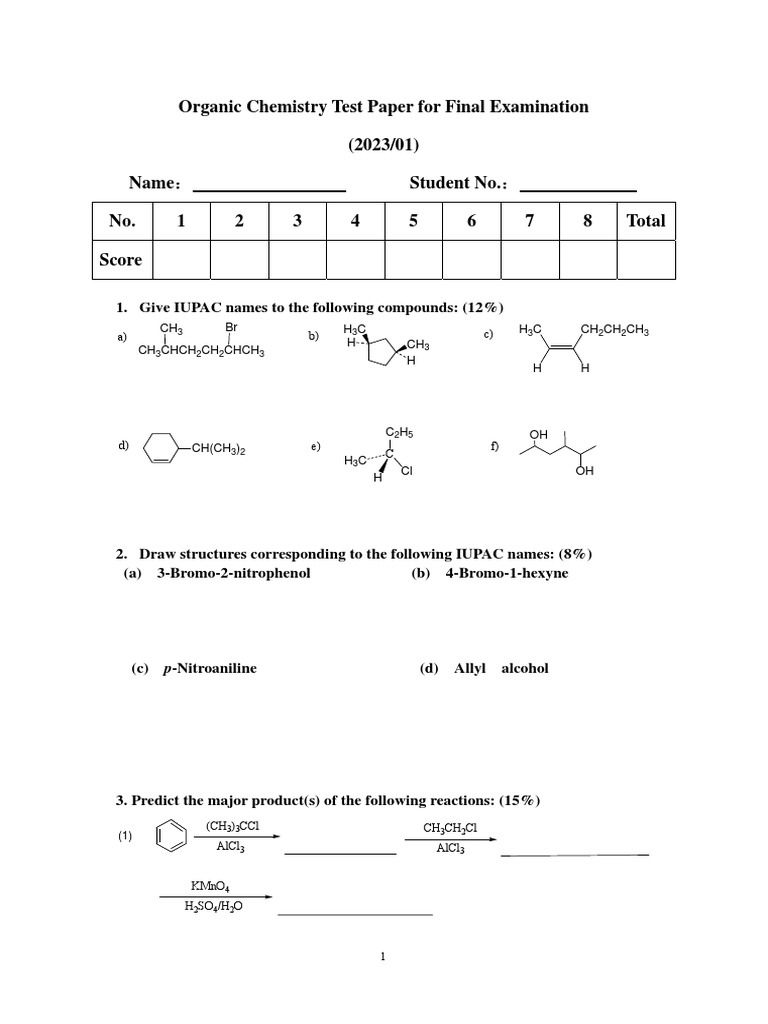 Organic Chemistry Test Paper For Final Examination-202301 - 390 | PDF ...