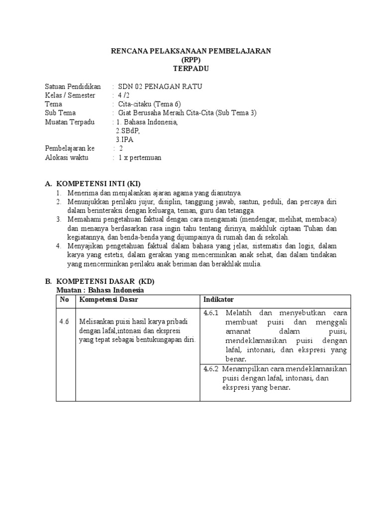 RPP Terpadu Selfia 1 | PDF