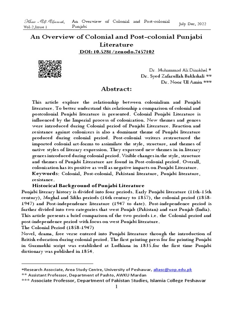 An Overview of The Colonial and Post Colonial Punjabi Literature | PDF