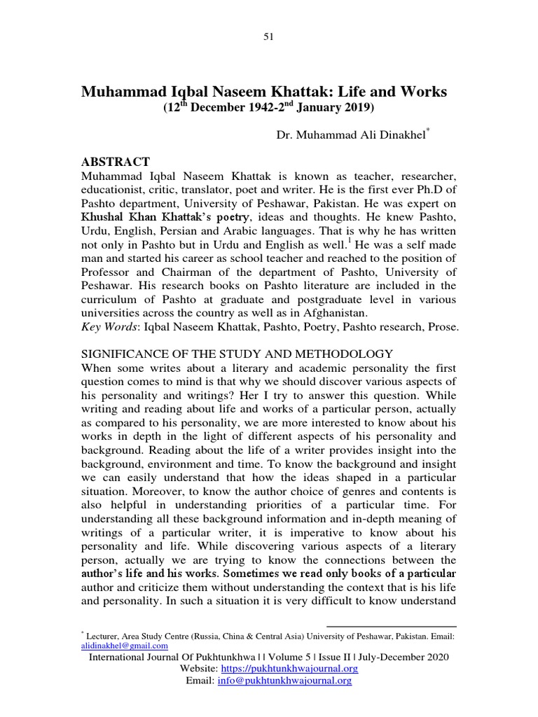 Life and Works Iqbal Naseem Khattak | PDF | Khyber Pakhtunkhwa