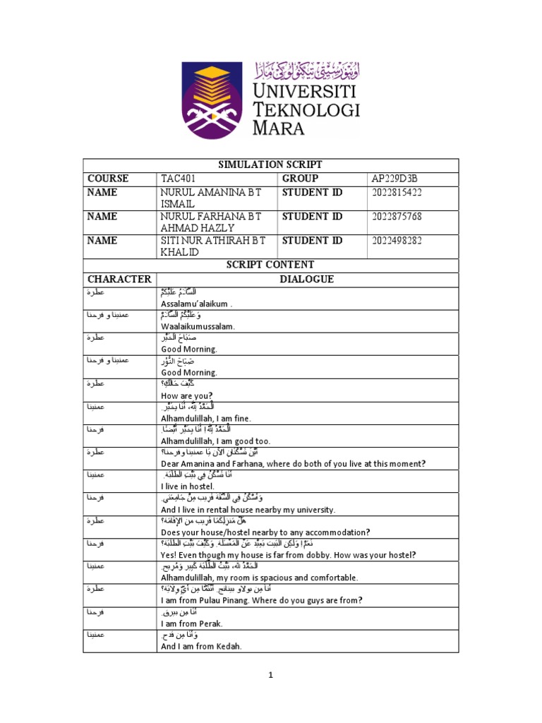 Tac401 Roleplay Simulation Script Athirah Amanina Farhana Ap229d3b | PDF
