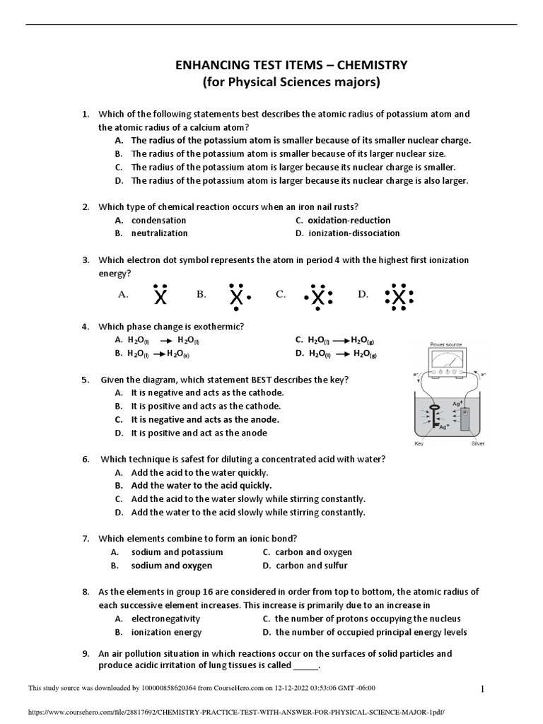 Chemistry Practice Test With Answer For Physical Science Major 1 PDF ...