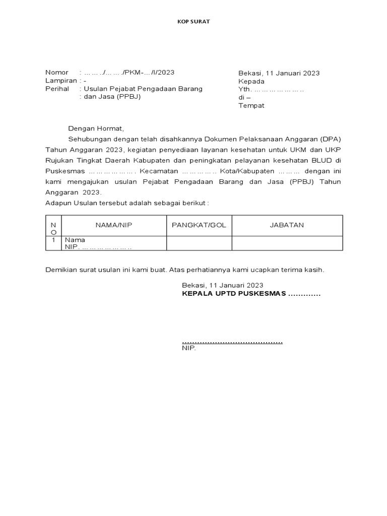 Format - Surat Usulan PPBJ 2023 | PDF