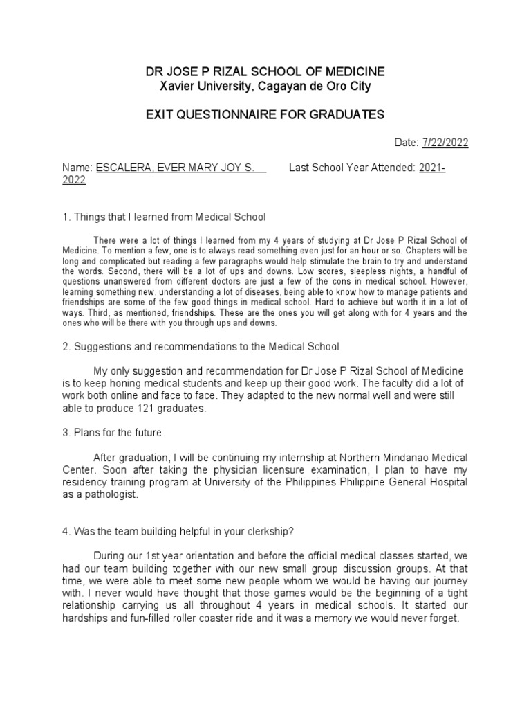 Exit Questionnaire Form | PDF | Medical School | Social Programs
