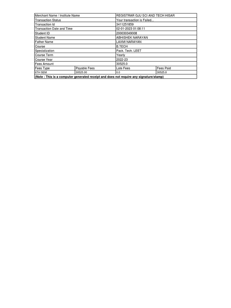 Note: This Is A Computer Generated Receipt and Does Not Require Any ...