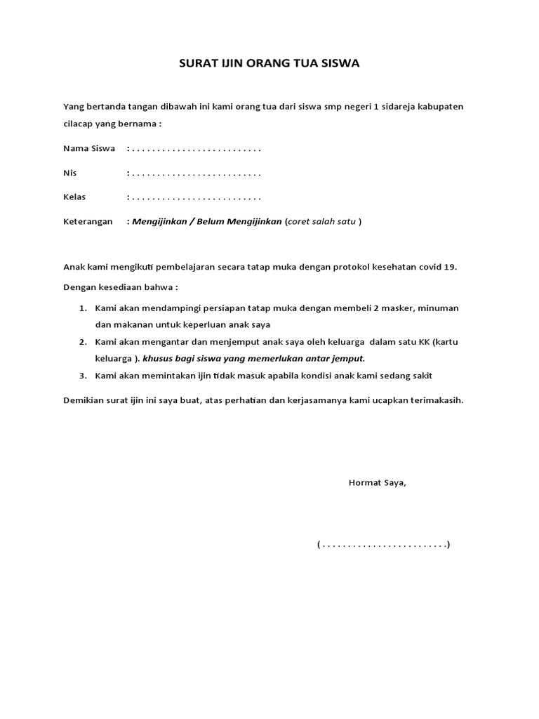 Surat Ijin Orang Tua Siswa | PDF