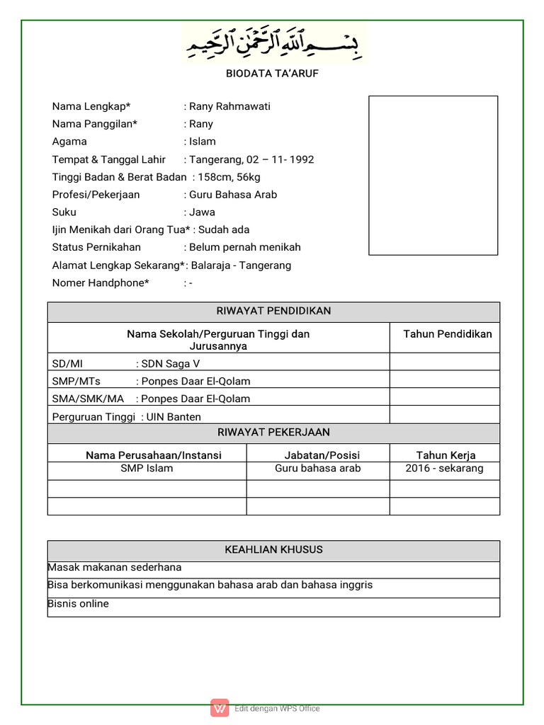 Format Biodata Taaruf | PDF