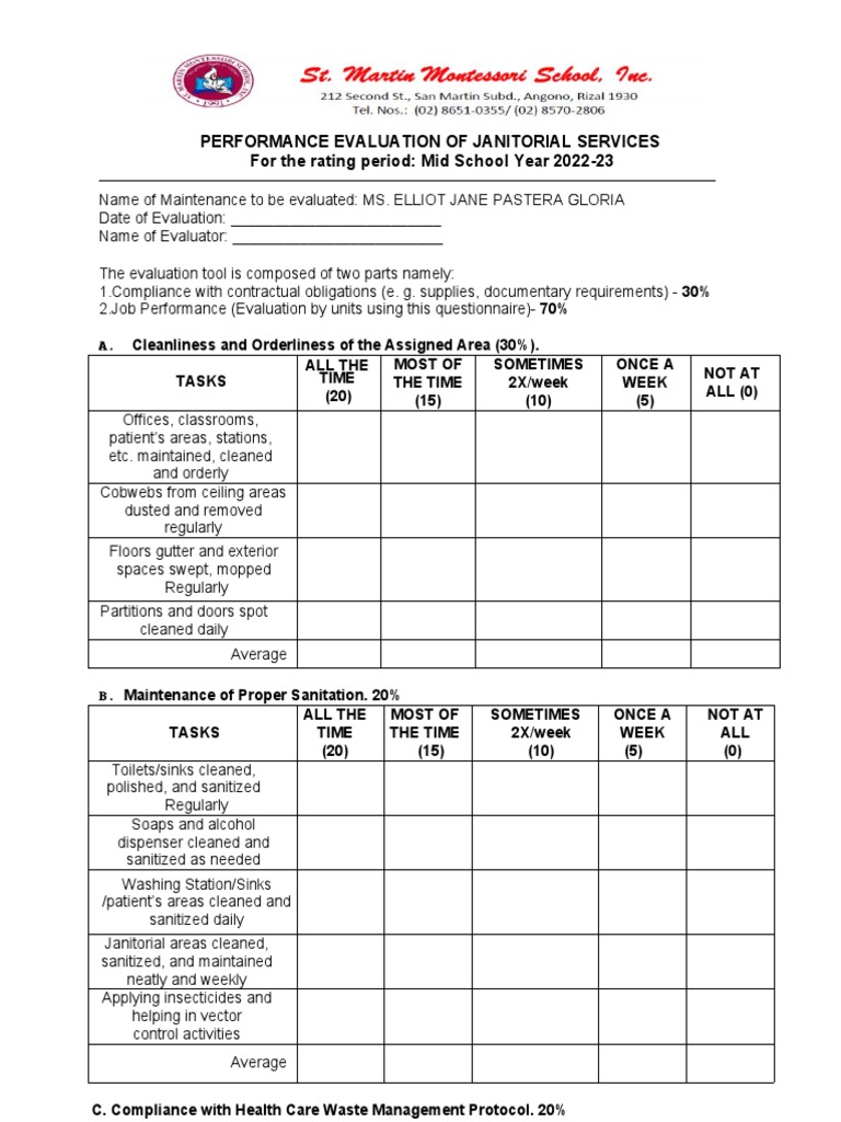 Janitor Midyear Performance Evaluation Form | PDF