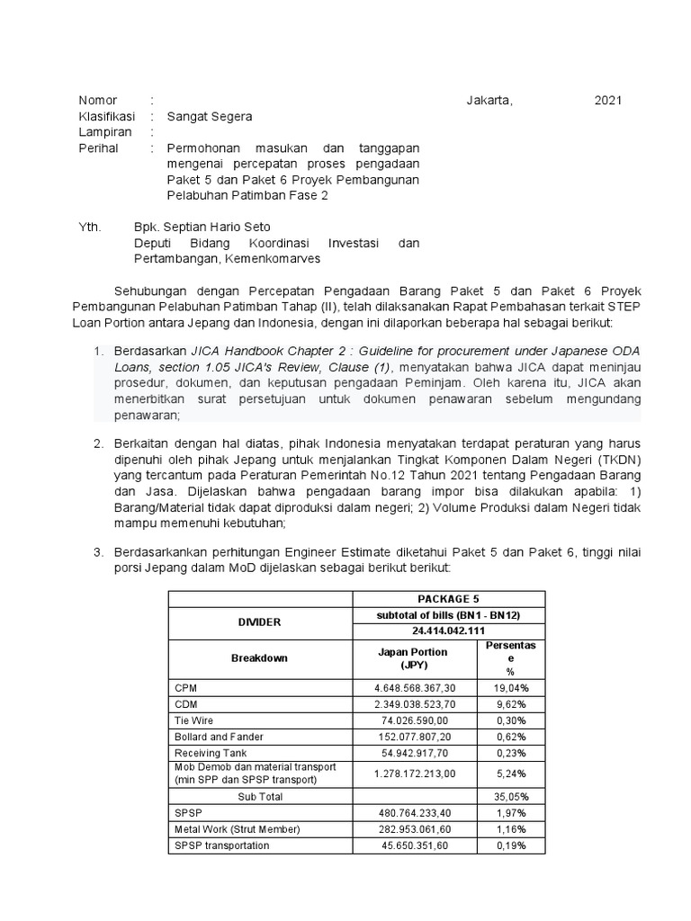 (DRAFT) Konsep Surat Dirjen Ke Deputi Investasi Kemenkomarves - Revnisa | PDF