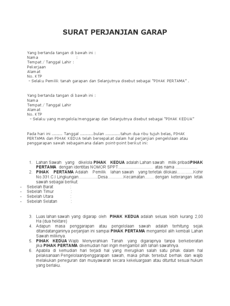 Surat Perjanjian Garap Sawah | PDF